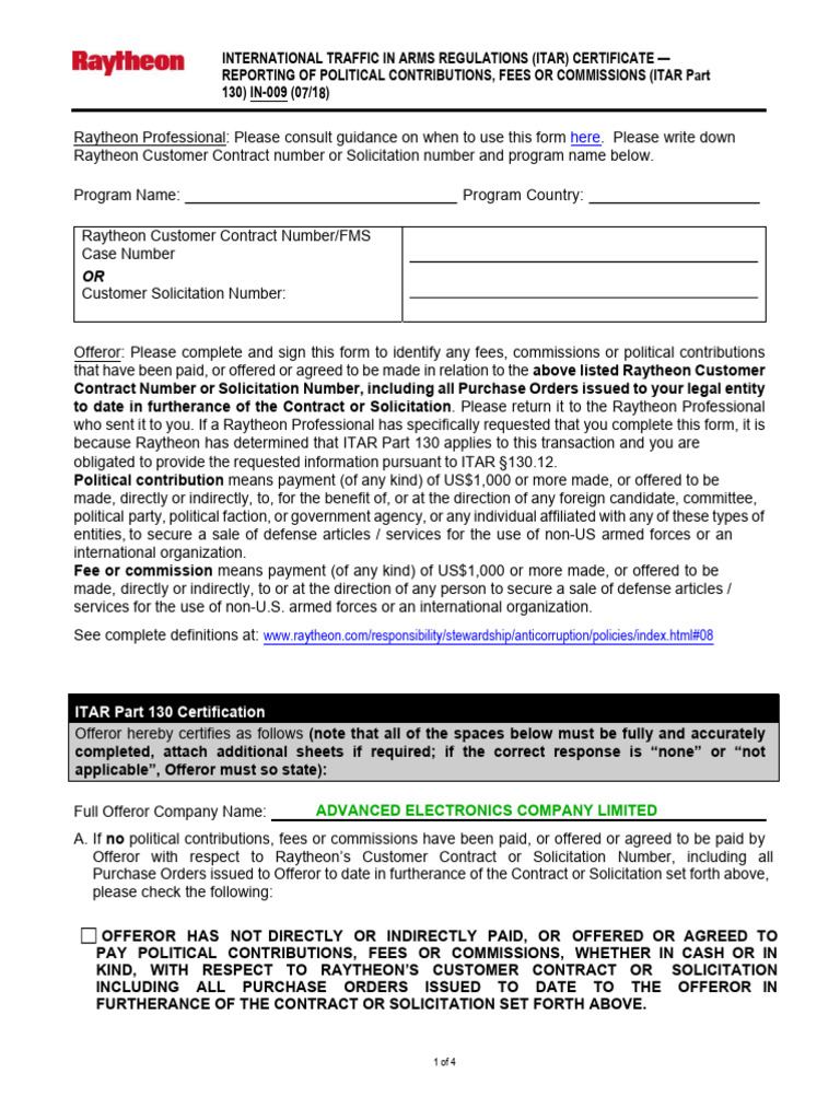 ITAR Political Contributions Reporting Form | PDF | Offer And ...
