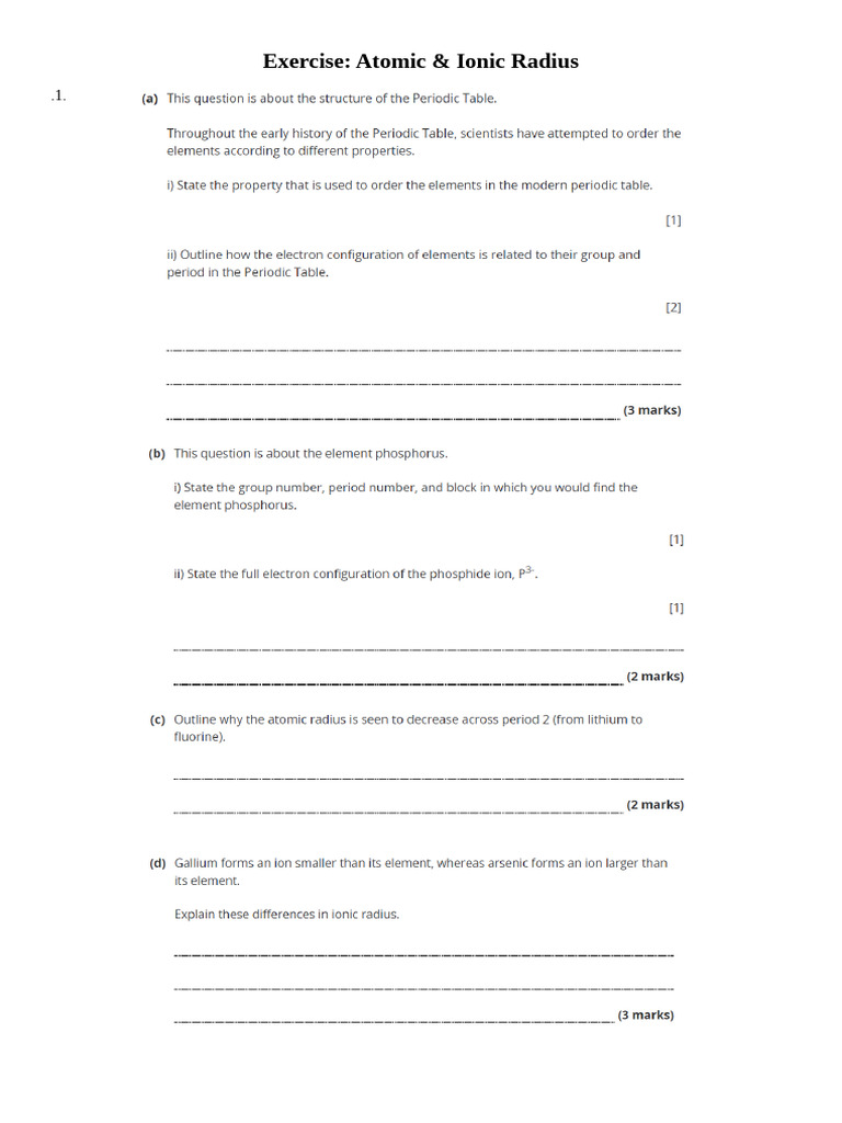 Exercise Atomic Radius and Ionic Radius | PDF