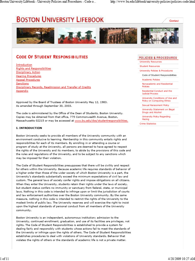 Boston University Student Conduct Code | PDF | Witness | Dean (Education)