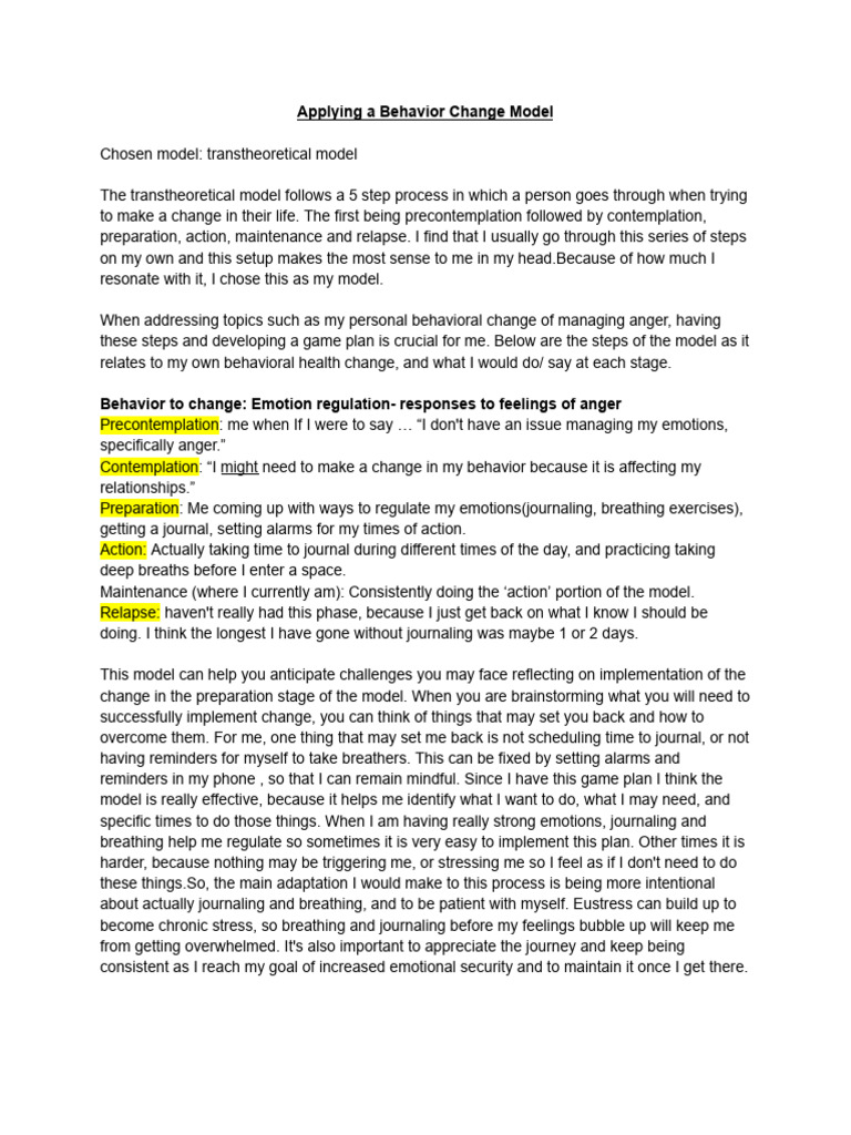 Applying a Behavior Change Model-Harvey | PDF | Anger | Feeling