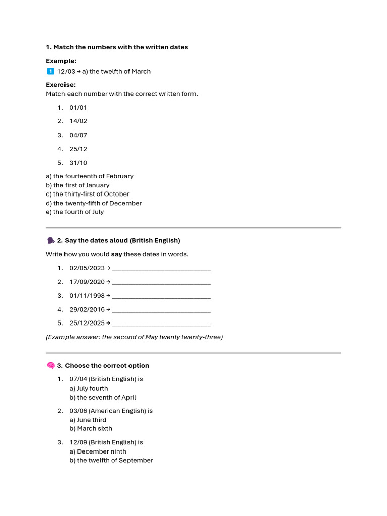 Date Writing and Pronunciation Exercises | PDF | Traditions | Observances