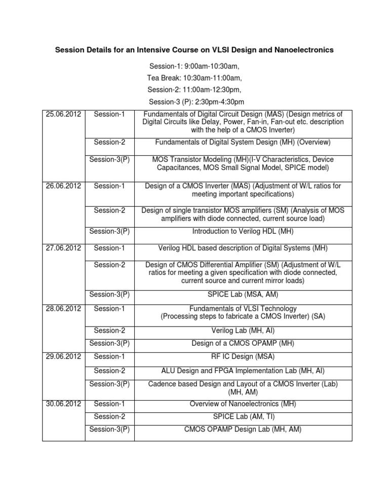 VLSI Design & Nanoelectronics Course Schedule | PDF