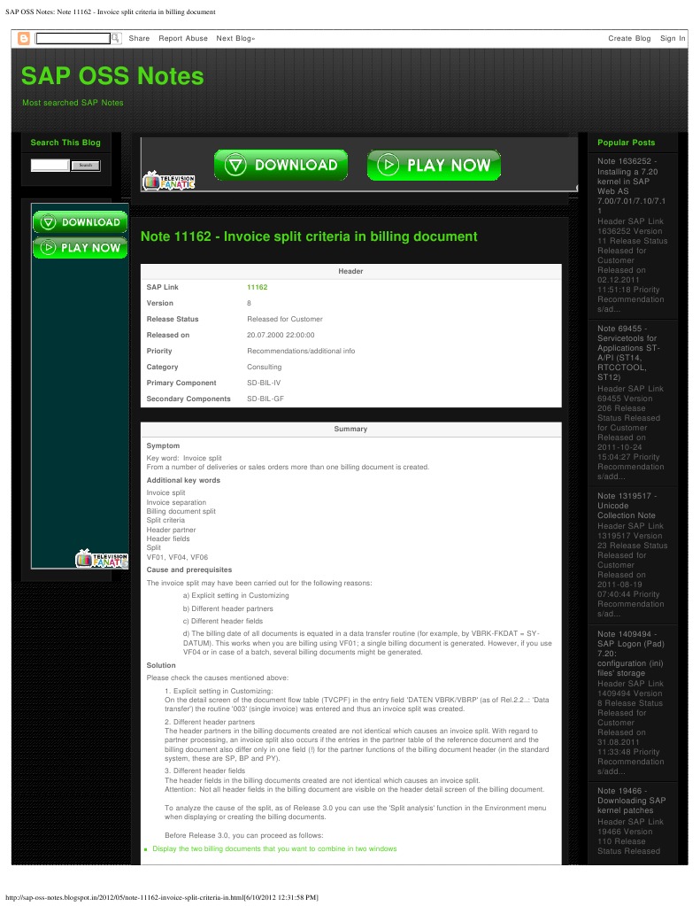 SAP OSS Notes - Note 11162 - Invoice Split Criteria in Billing Document ...