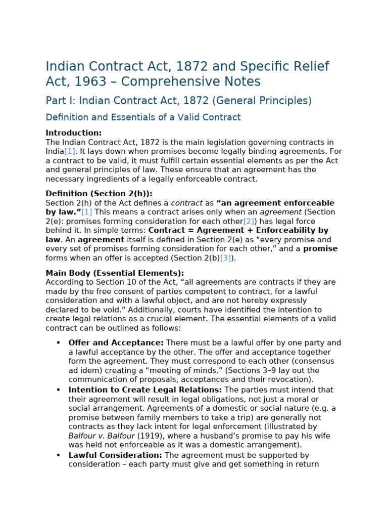 Indian Contract Act, 1872 and Specific Relief Act, 1963 – Comprehensive ...
