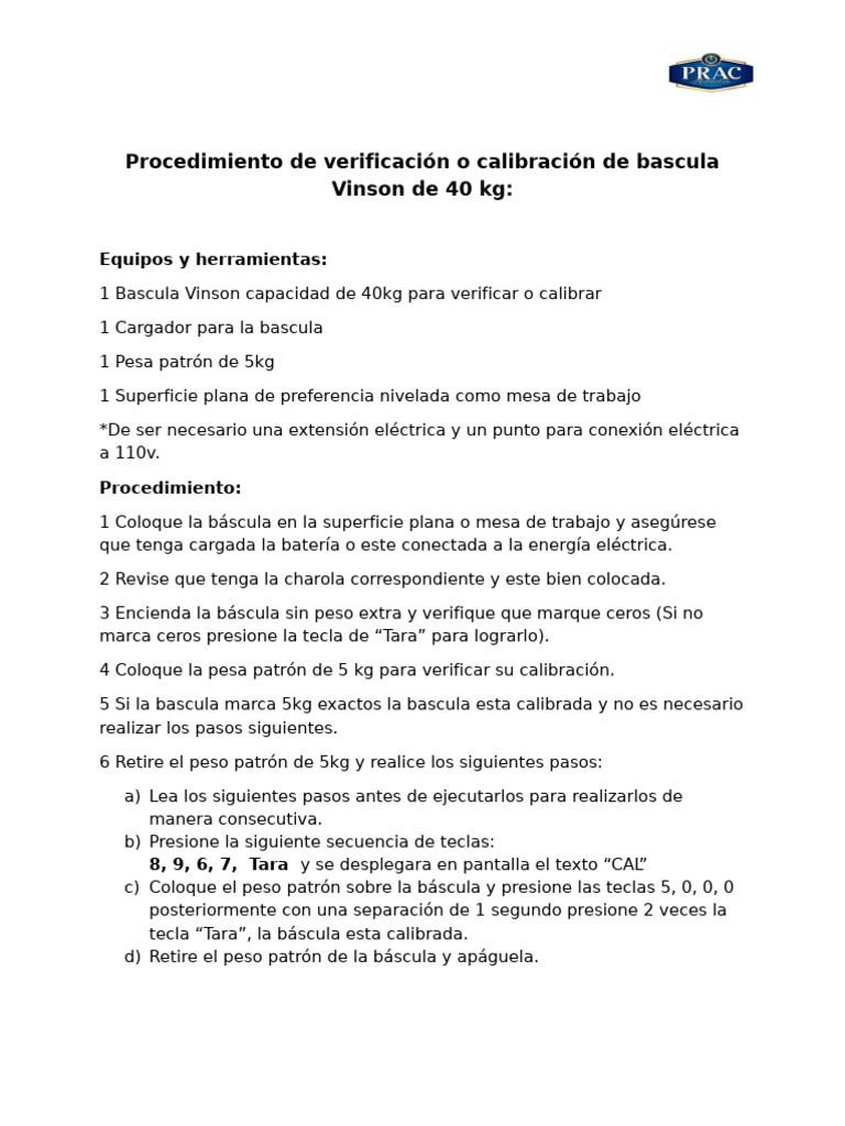 Procedimiento Rapido de Verificación o Calibración de Bascula Vinson de ...