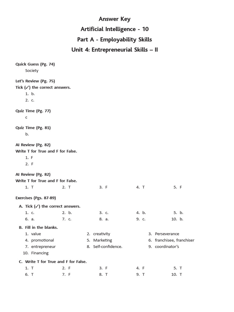 Entrepreneurial Skills Answer Key | PDF | Entrepreneurship | Franchising
