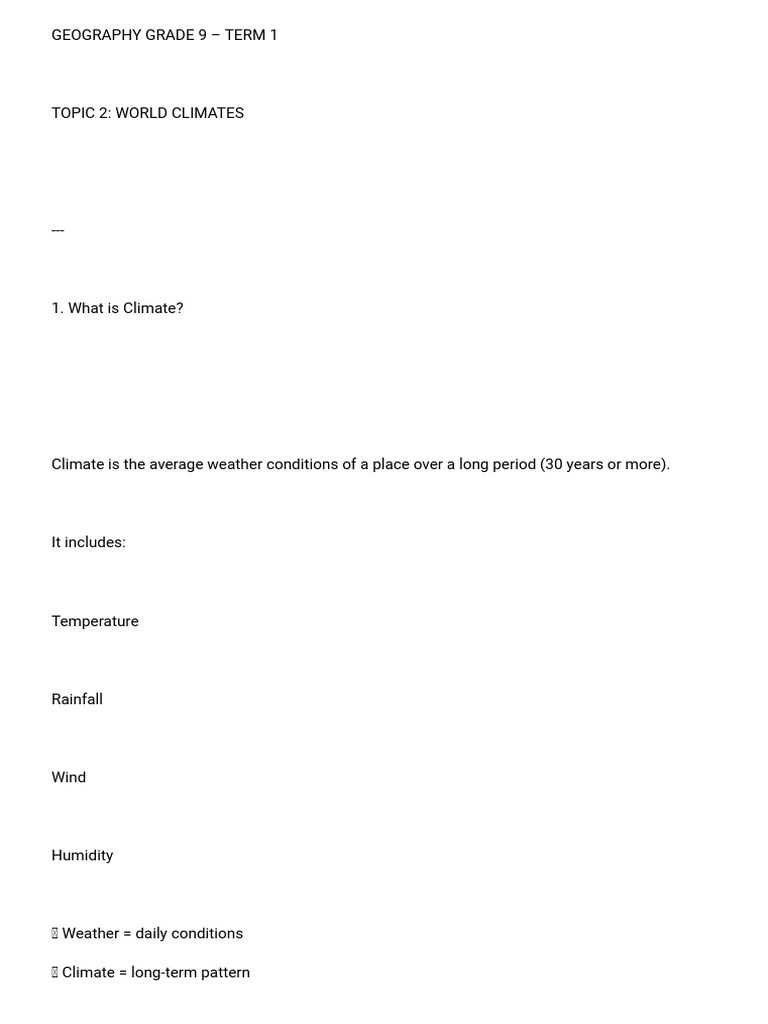 Understanding World Climates for Grade 9 | PDF