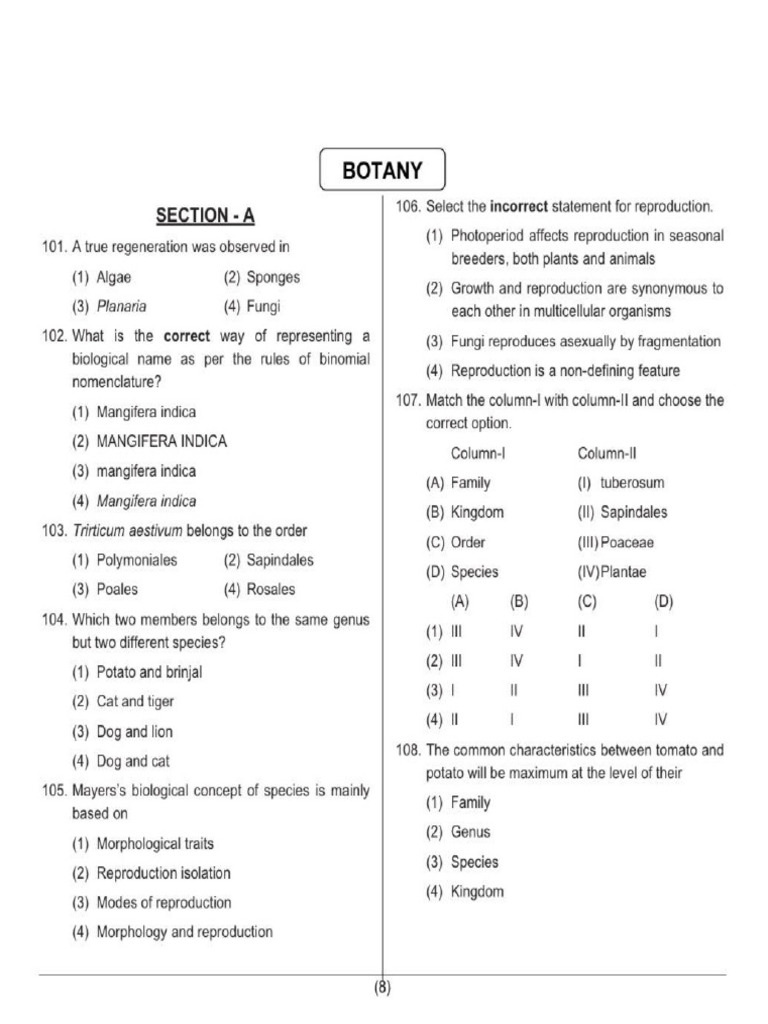 Botany Test-5 20.01.26 6 Copies 1P | PDF
