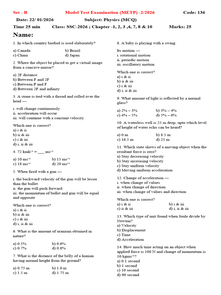 Physics MCQ MT Exam-2 (SSC-2026) C.hpter-1, 2, 3, 4, 7, 8 & 10 B | PDF | Acceleration | Velocity