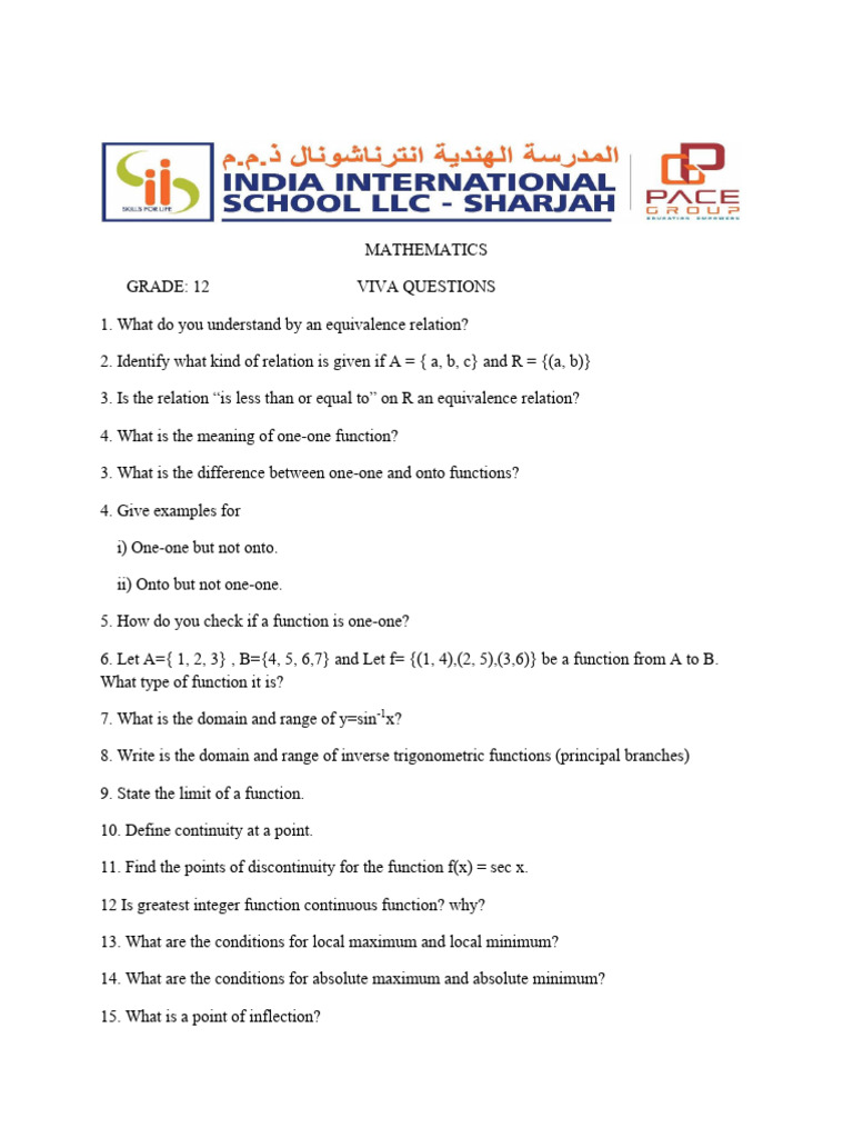 Grade 12 Mathematics Viva Questions | PDF