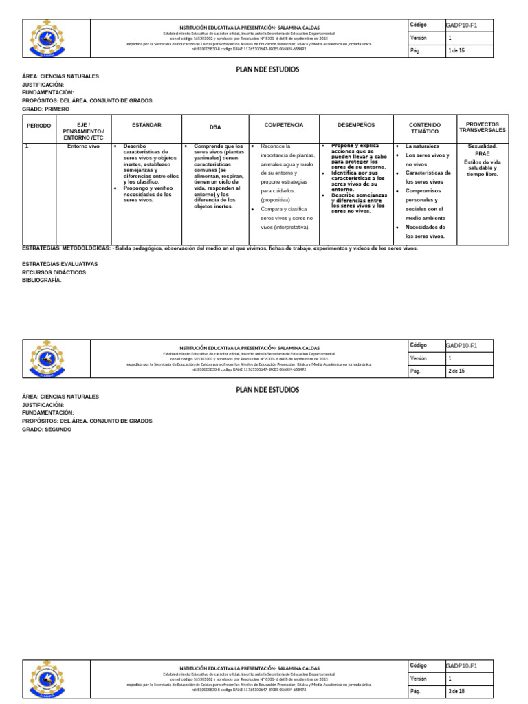 Plan de Estudios c. Naturales 1er Periodo 1-8 2018 | PDF | Organismos | Educación de la primera ...
