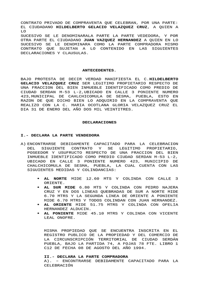 Contrato Privado de Compraventa Gelacio 1 | PDF