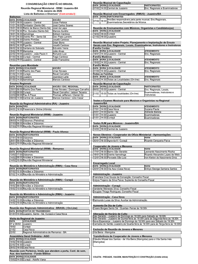 Lista de Batismos e Diversos - 01.2026 (Com Errata I) | PDF ...