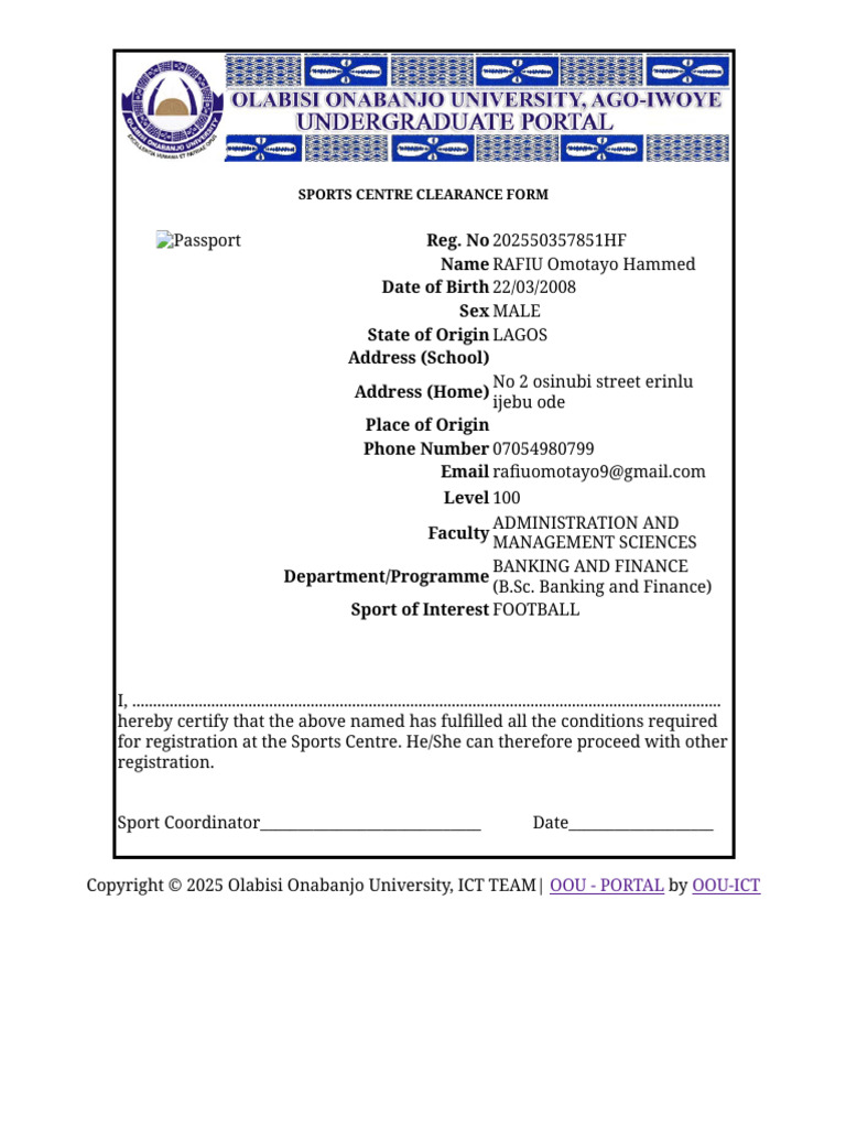 Sports Centre Clearance Form Template | PDF