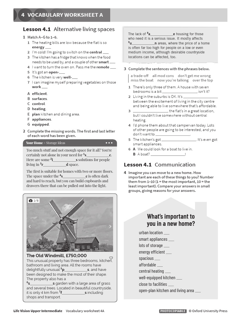 Life Vision Upper Int Vocab Worksheet a U4 | PDF | Kitchen | Home