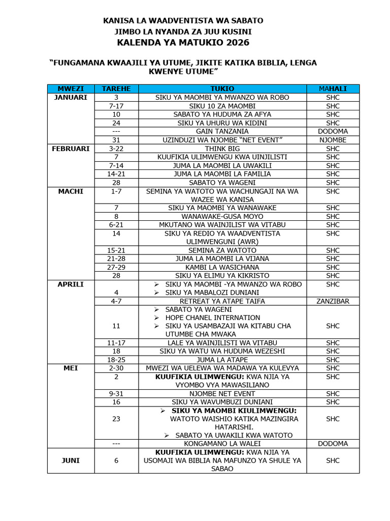 Kalenda Ya Matukio 2026 SHC | PDF