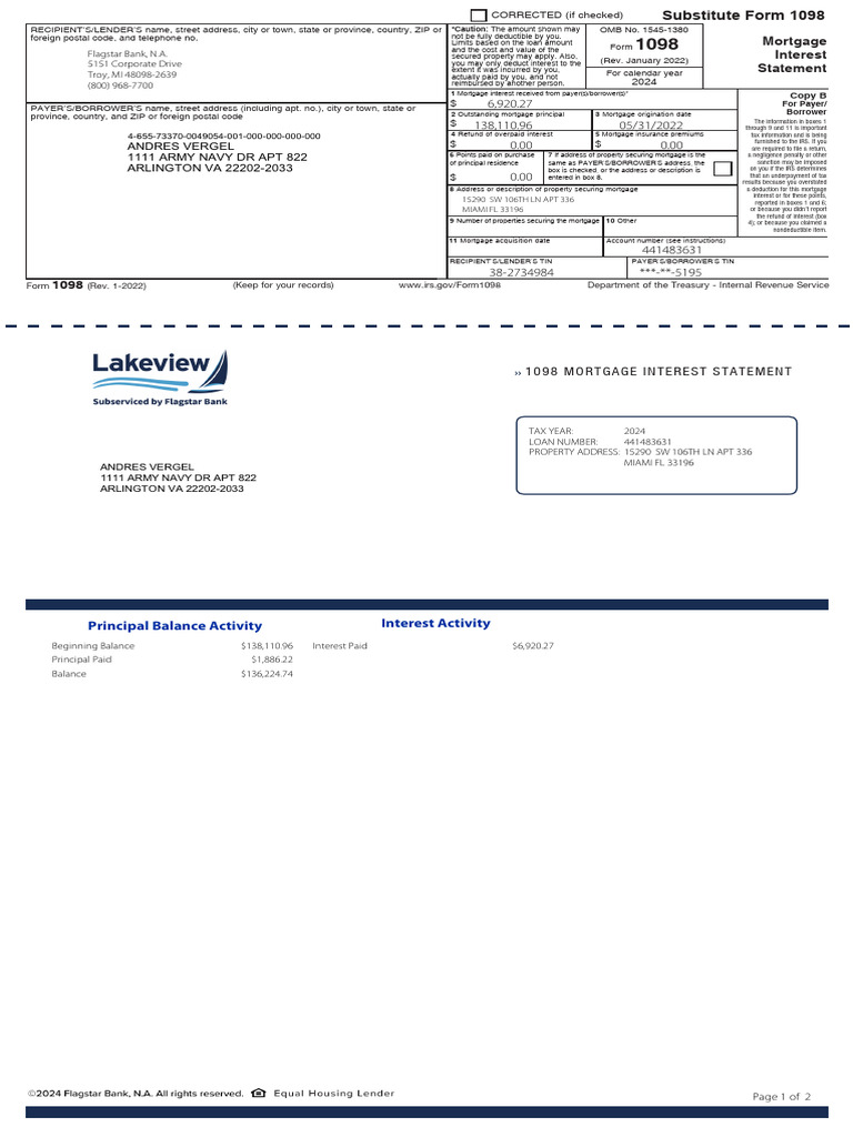 2024 Mortgage Interest Statement Form 1098 | PDF | Mortgages | Loans