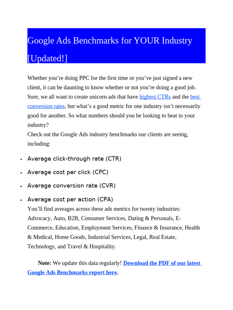 Google Ads Benchmarks for YOUR Industry | PDF