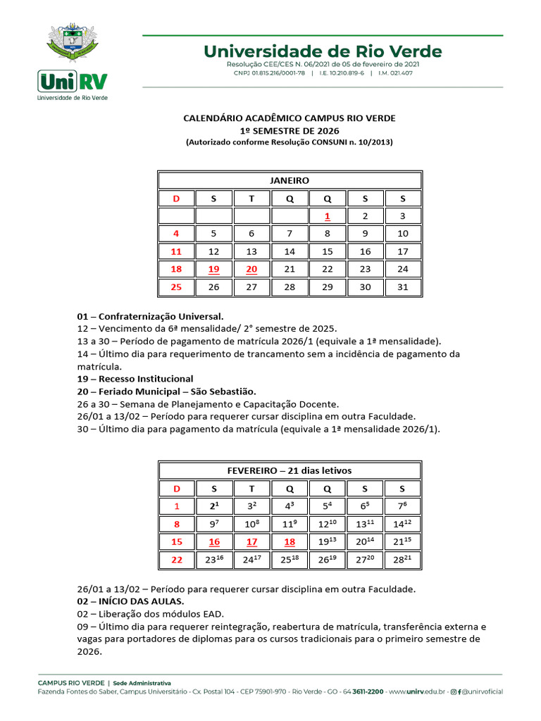 Calendário 1° semestre 2026 - Campus Rio Verde | PDF
