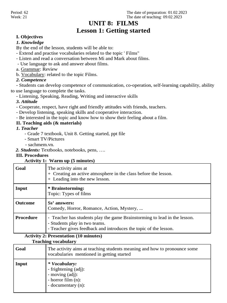 Lesson Plan: Exploring Film Vocabulary | PDF | Vocabulary | Human ...