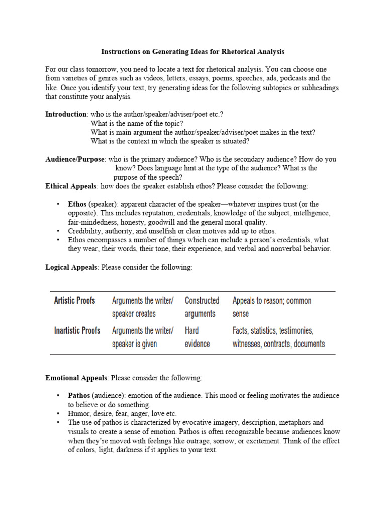 Rhetorical Analysis Idea Generation Guide | PDF