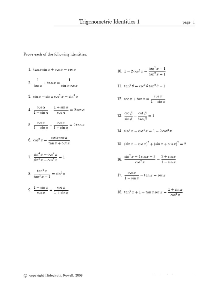 Trigonometry Identities Worksheet 2 Proofs | PDF