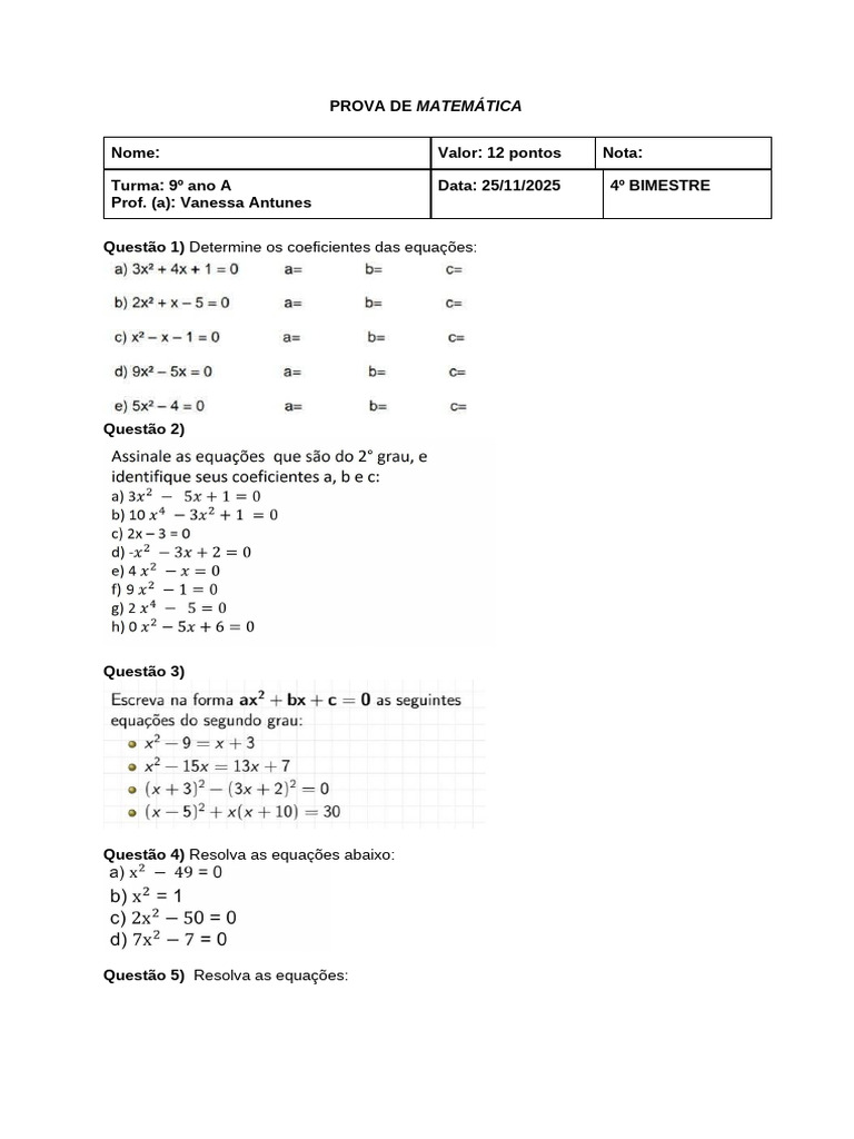 PROVA 9A - 4º Bimestre | PDF