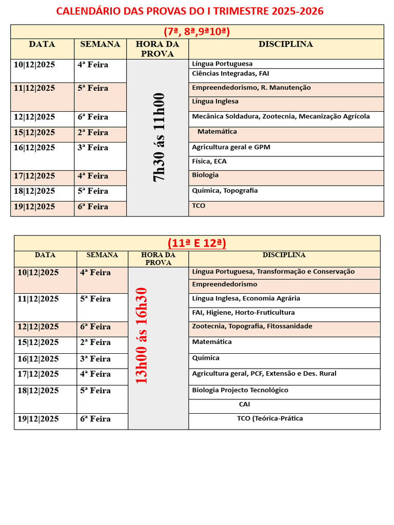 Calendário de Provas I Trimestre 2025-2026 | PDF