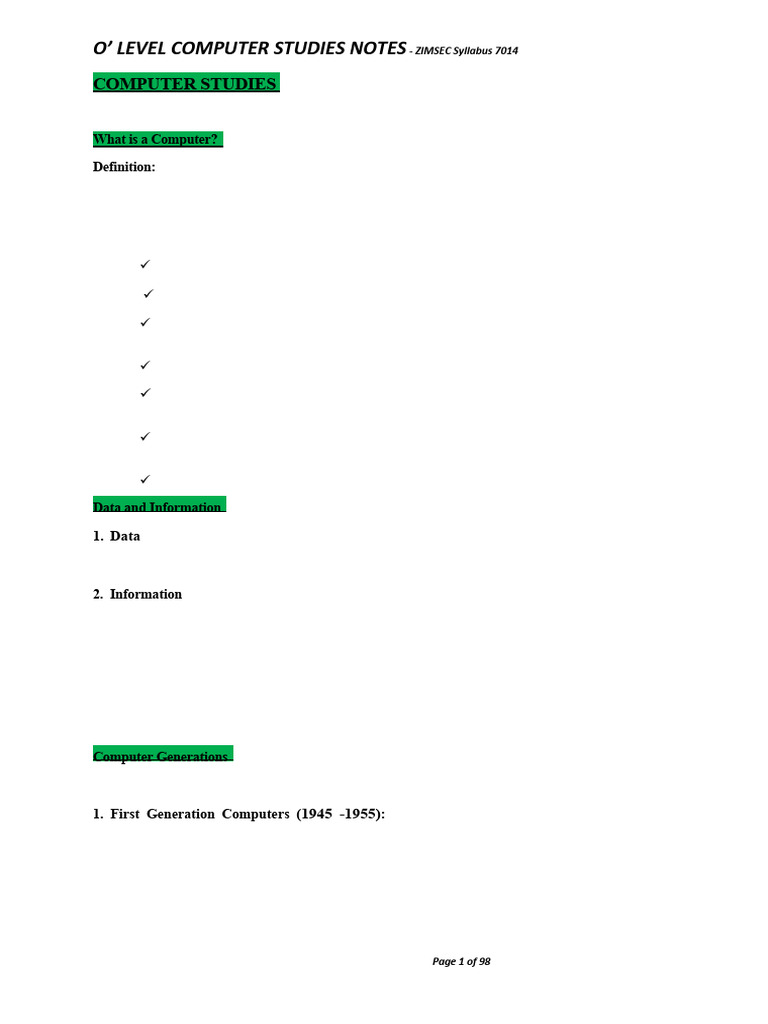 O' Level Computer Studies Notes | PDF | Computer Data Storage | Read ...