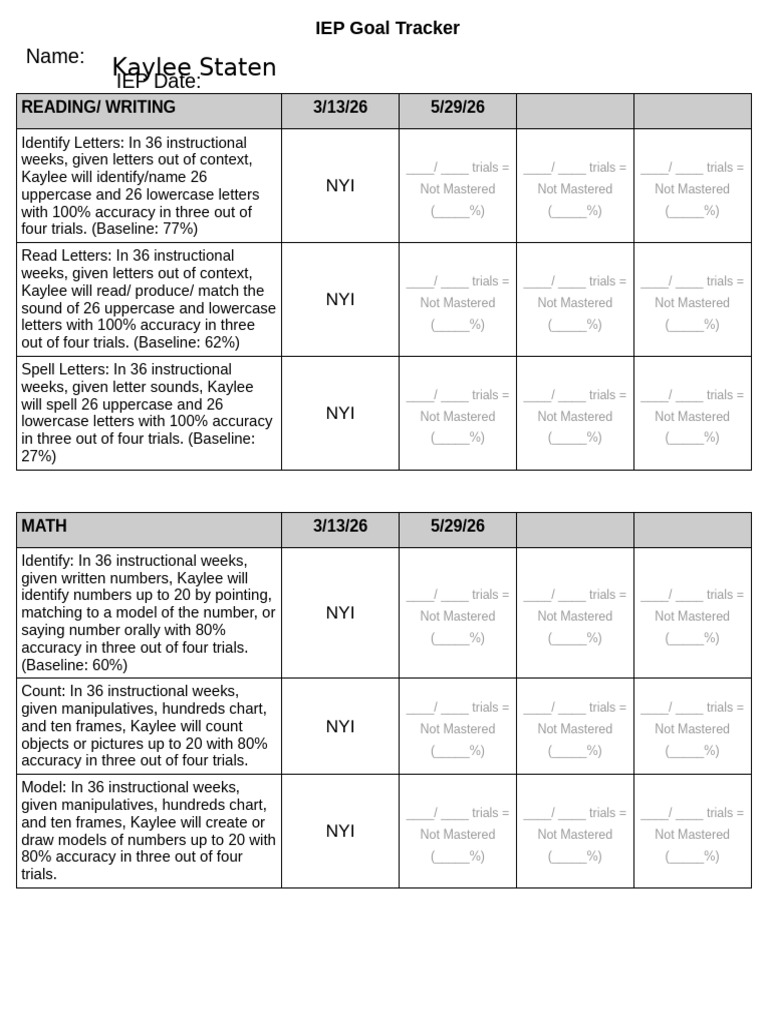 IEP Goal Tracker (1) | PDF | Consonant | Reading Comprehension