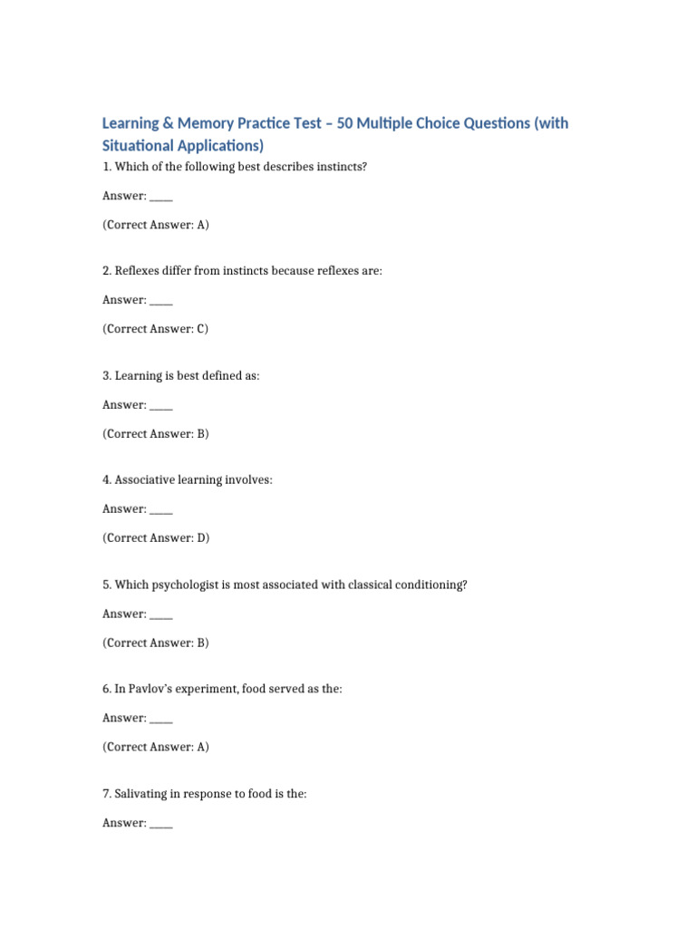 Learning_and_Memory_Practice_Test_50_MCQ | PDF | Memory | Classical ...
