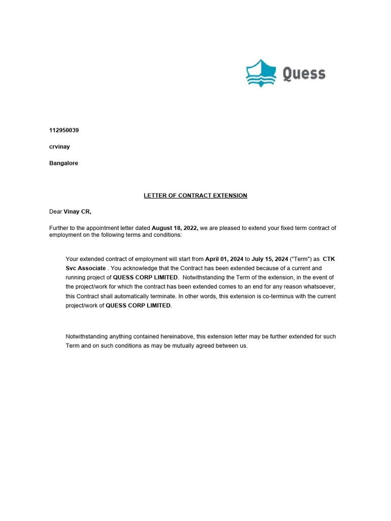 Contract Extension Letter for Vinay CR | PDF