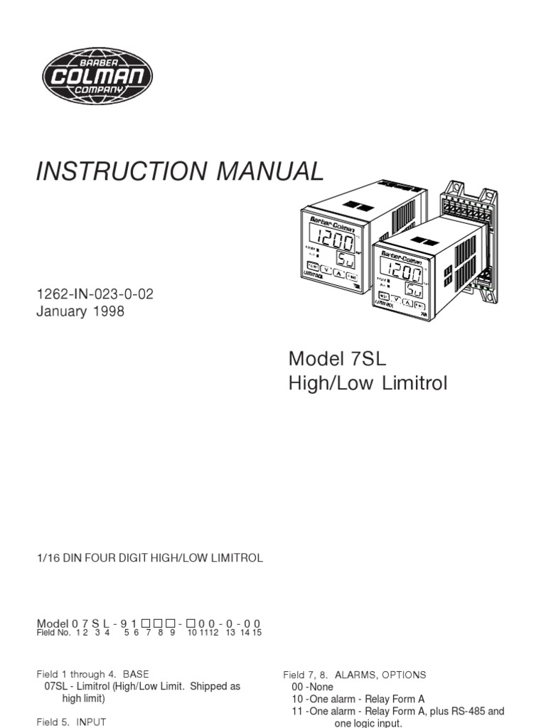 Instruction Manual: Model 7SL High/Low Limitrol | PDF | Relay ...