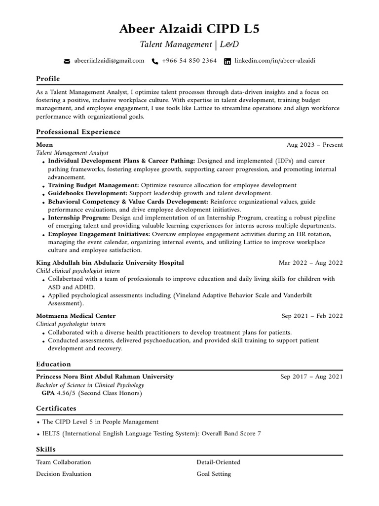Abeer Alzaidi Resume 2025 | PDF | Talent Management | Clinical Psychology