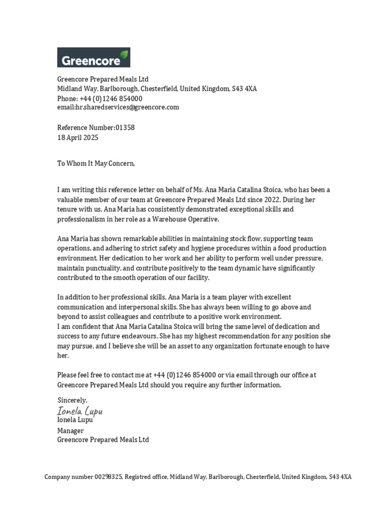 Reference Letter Ana Maria Catalina Stoica | PDF