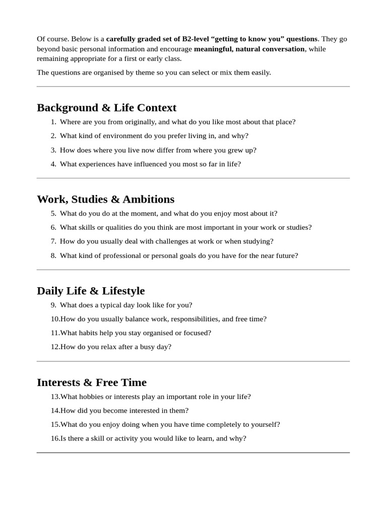 B2-Level Conversation Questions Guide | PDF | Behavioural Sciences ...