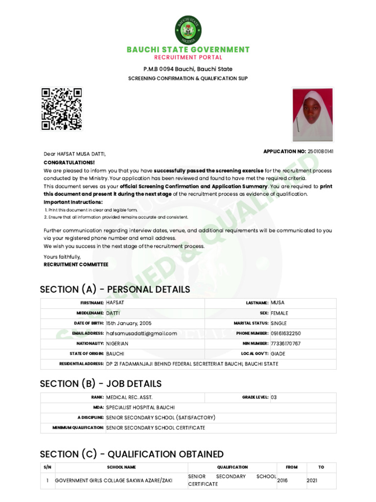 Screening Confirmation & Qualification Slip Hafsa Musa Datti | PDF