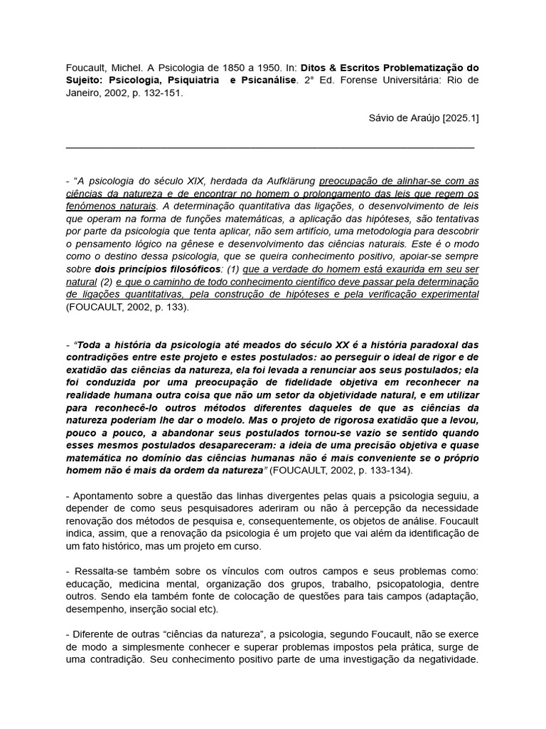 Aula 02 (Resumo) - Foucault, Michel. a Psicologia de 1850 a 1950 [Sávio de Araújo, 2025.1] | PDF ...