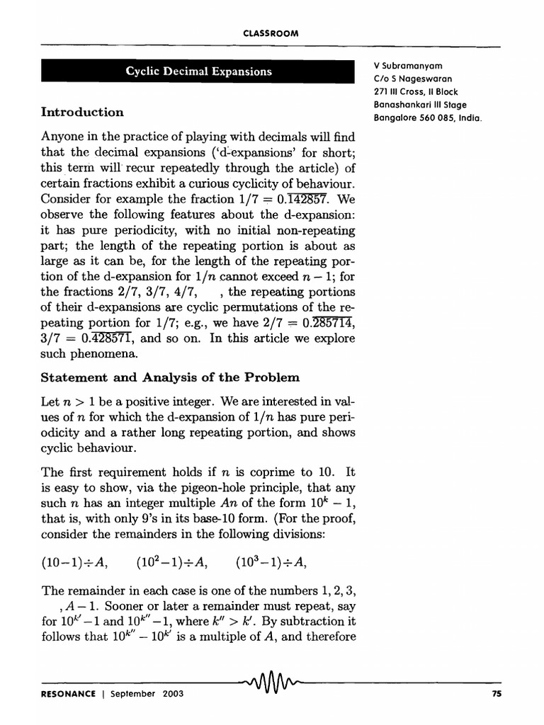 Cyclic Decimal Expansions Explained | PDF | Decimal | Factorization