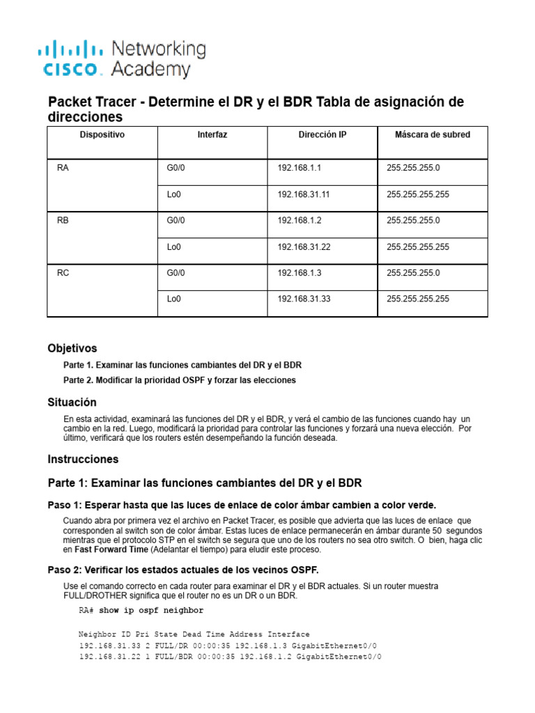 2.3.11 Packet Tracer Determine the Dr and Bdr Es XL | PDF | Enrutador (Computación) | Red de ...