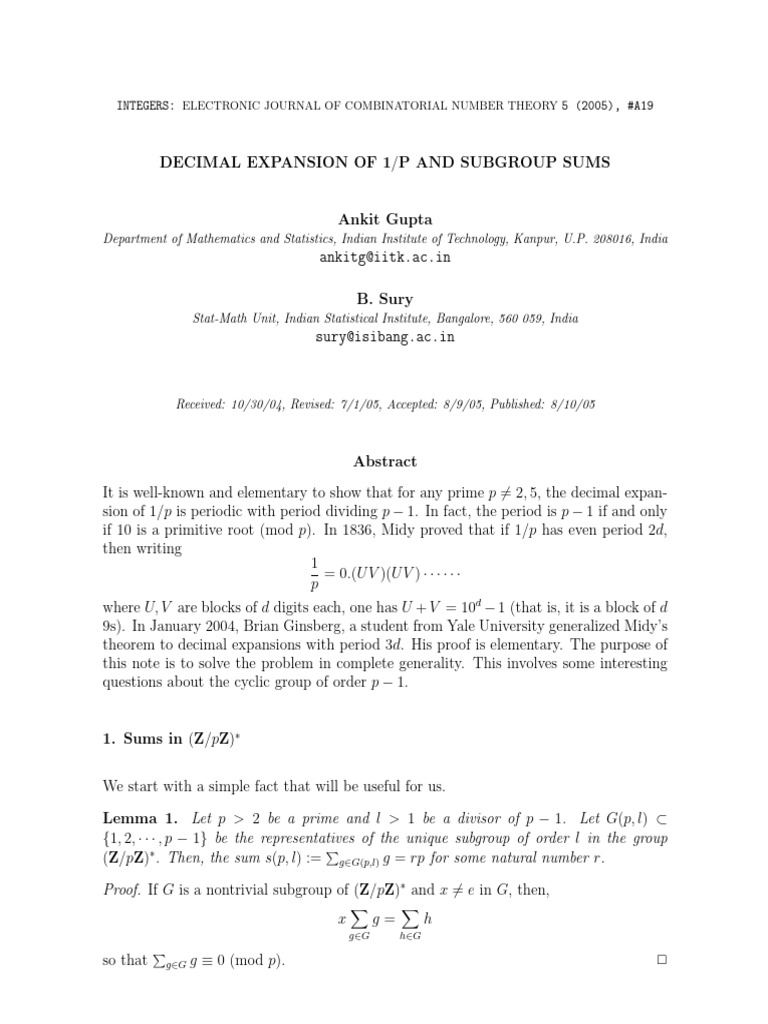 Decimal Expansion of 1/P and Subgroup Sums | PDF | Prime Number | Theorem