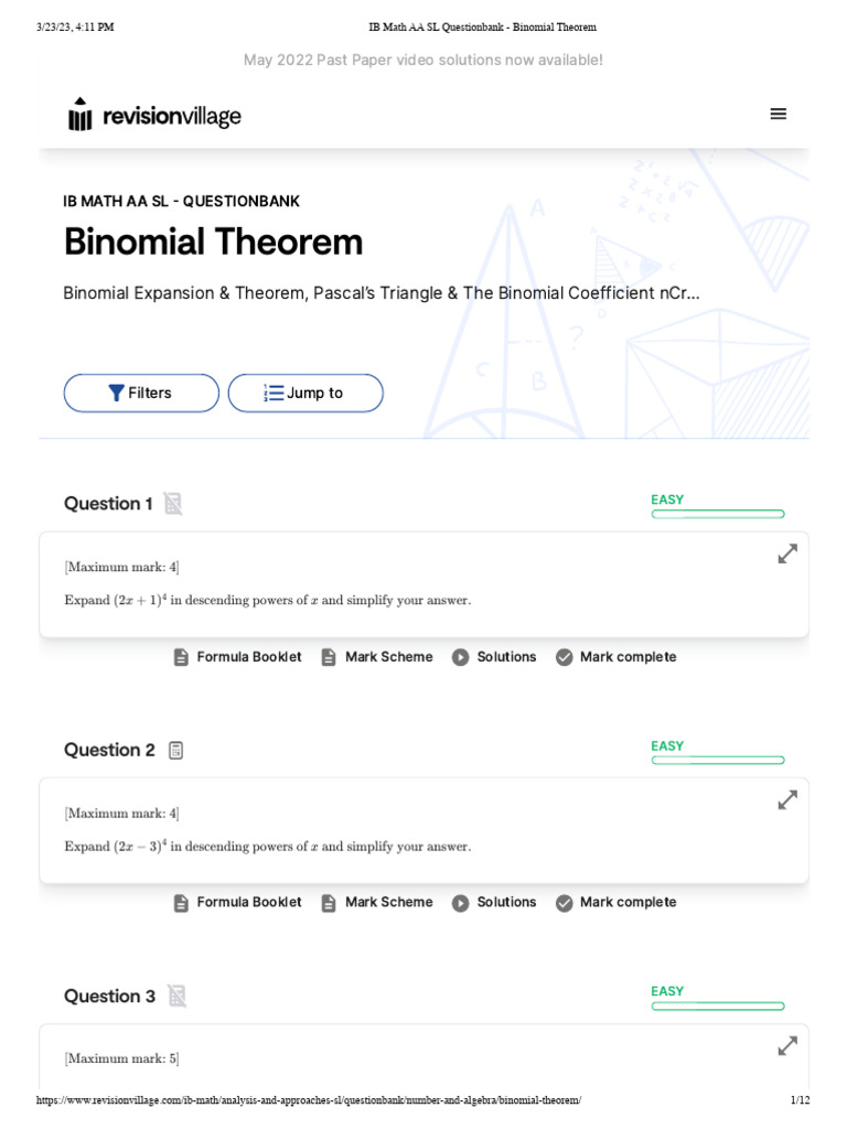 IB Math AA SL Questionbank - Binomial Theorem | PDF | Discrete ...