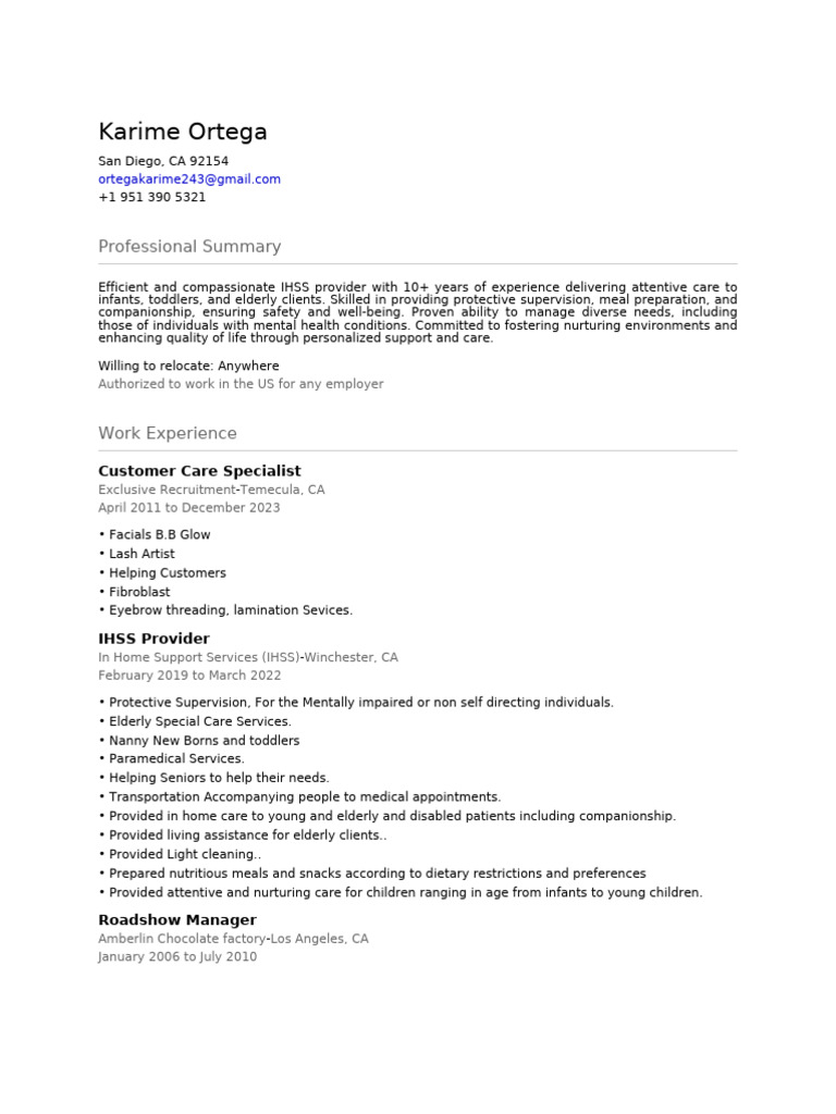 Experienced IHSS Provider Resume | PDF | English As A Second Or Foreign ...