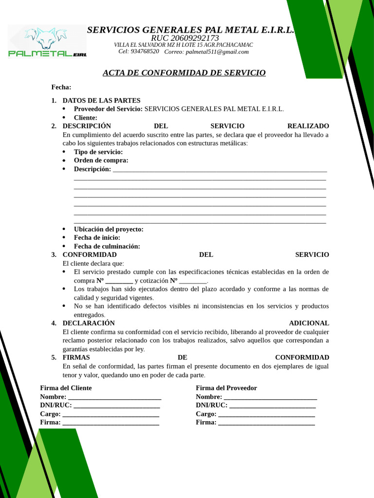 Acta de Conformidad de Servicio - Pal | PDF