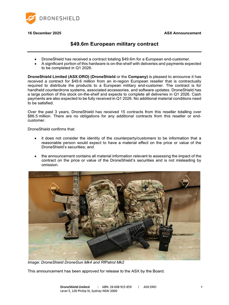 DRO $49.6m European Military Contract | PDF | Securities (Finance ...