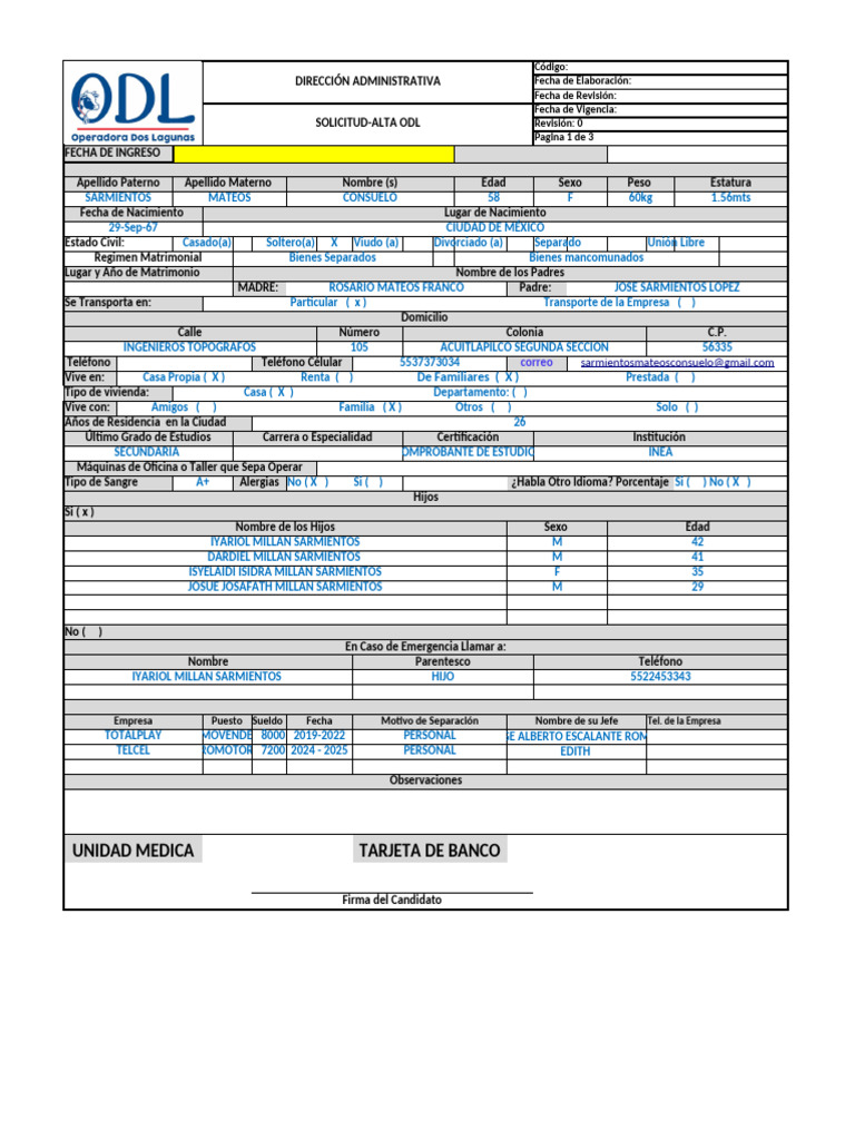 Solicitud de Alta ODL - Datos Personales | PDF