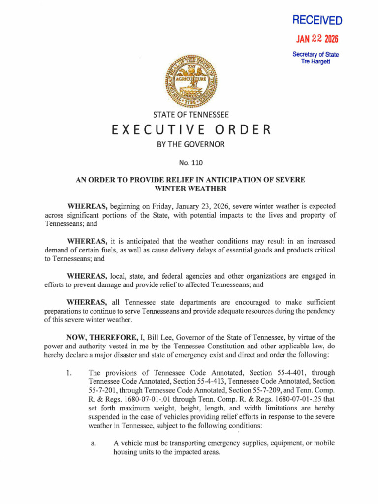 Tennessee Winter Weather Emergency Order | PDF | Semi Trailer Truck