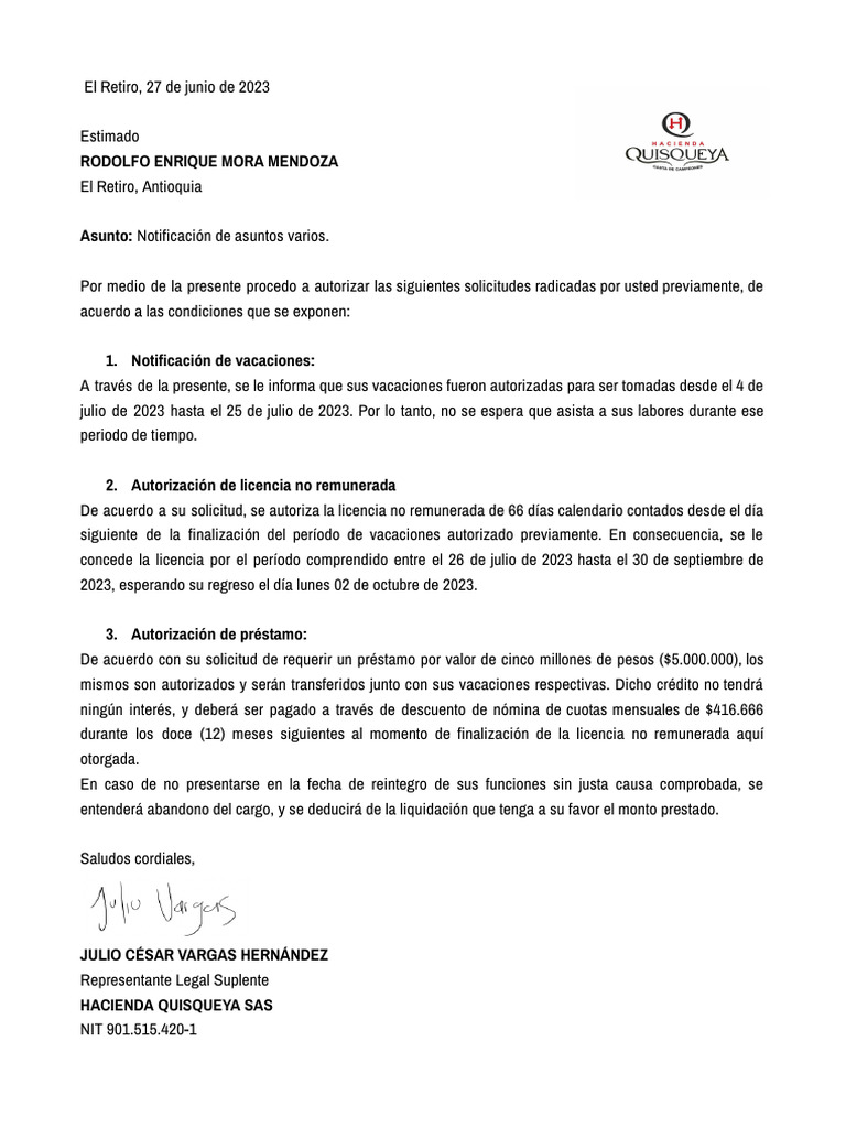 VF Rodolfo Mora - Notificación de Vacaciones - HQ SAS. | PDF | Salario
