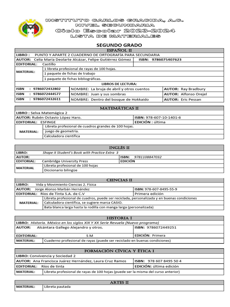 LISTA DE ÚTILES 2o. secun (4) | PDF