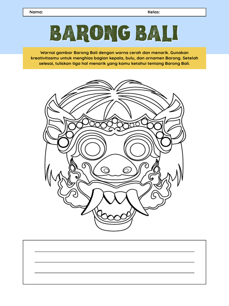 Mewarnai Barong Bali Lembar Kerja Biru Muda Dan Kuning Gaya Ilustratif ...